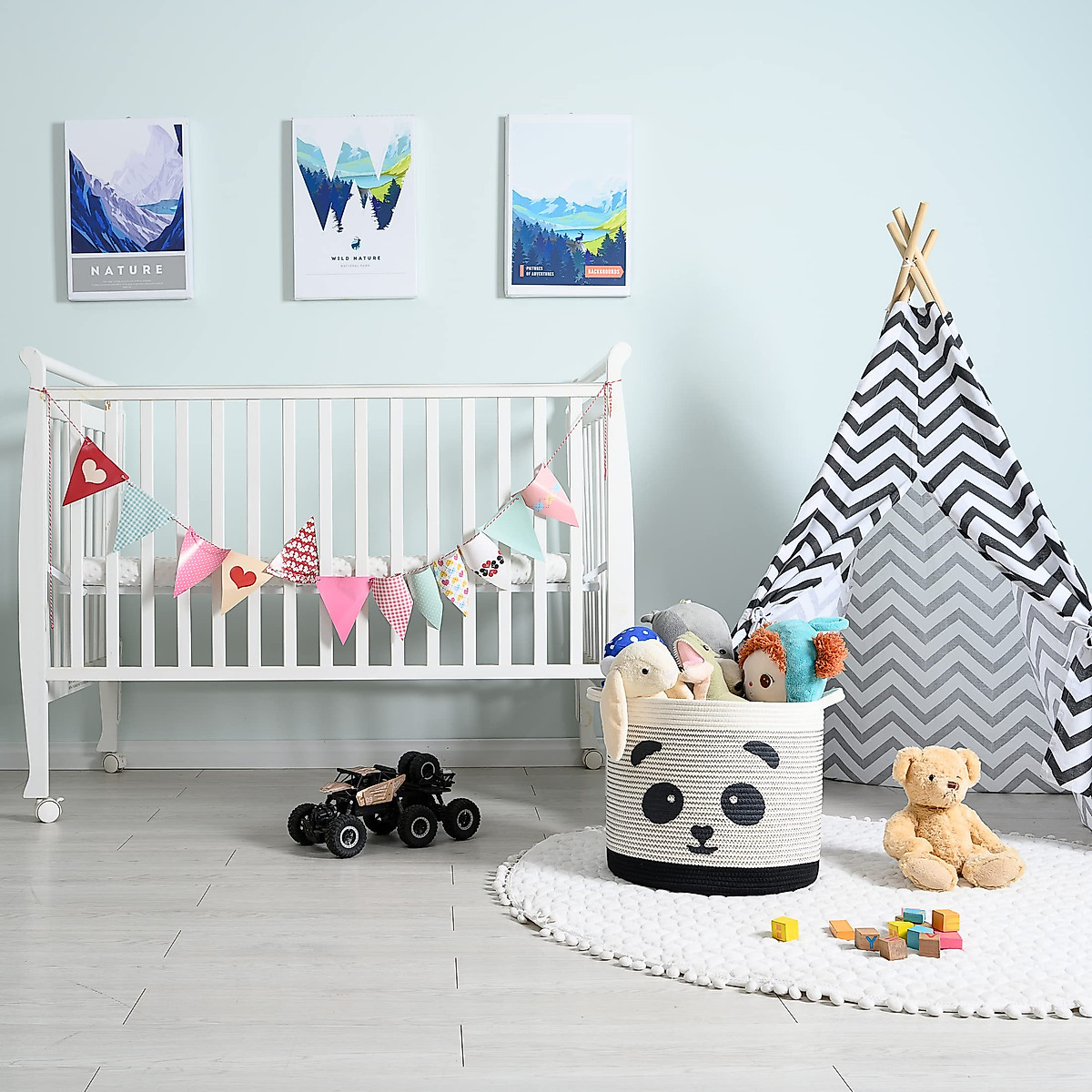 ART pinecone cotton rope basket oval woven storage basket, Cute Dog Toy Basket Cotton Basket Baby Nursery Hamper Shelf Decorative Bin,15"L x 10"W x 9"H (cute Panda, Black & White)