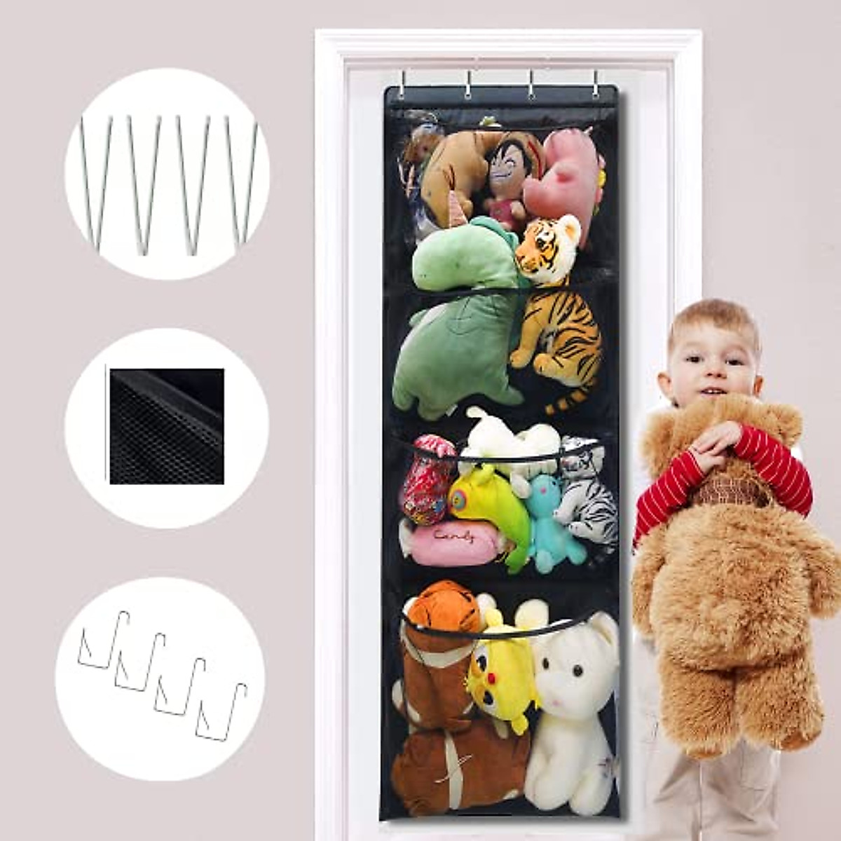 Stuffed Animal Storage, Over The Door Organizer Storage for Filling Stuff Toys, Stuffed Animals Holder with 4 Pockets, Foldable Portable Durable Hanging Storage Holder for Room (Black)
