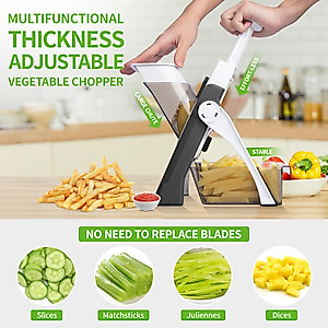 QieCai Safe Mandoline Vegetable Chopper With Container for Kitchen, Professional, More with 30+ Presets & Thickness Adjuster, Faster Food Slicer Gadgets for Onion,Potato - Gray