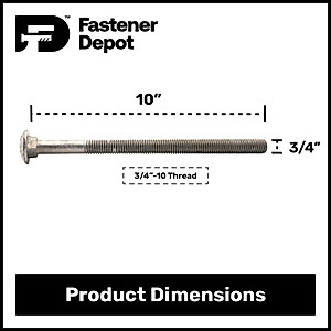 3/4"-10 x 10 Hot Dipped Galvanized Carriage Bolt w/Nuts & Washers, Grade A, 6" of Thread, Quantity 20 - by Fastener Depot, LLC