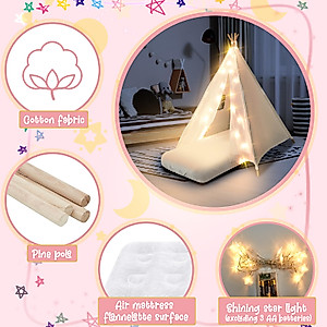 Windyun 4 Pack Kids Teepee Tent Bulk with Light String & Inflatable Airbed & Bedding Fitted Sheet, Natural Cotton Toddler Play Tent Washable Foldable Tent for Girls Boys Indoor Outdoor (White)