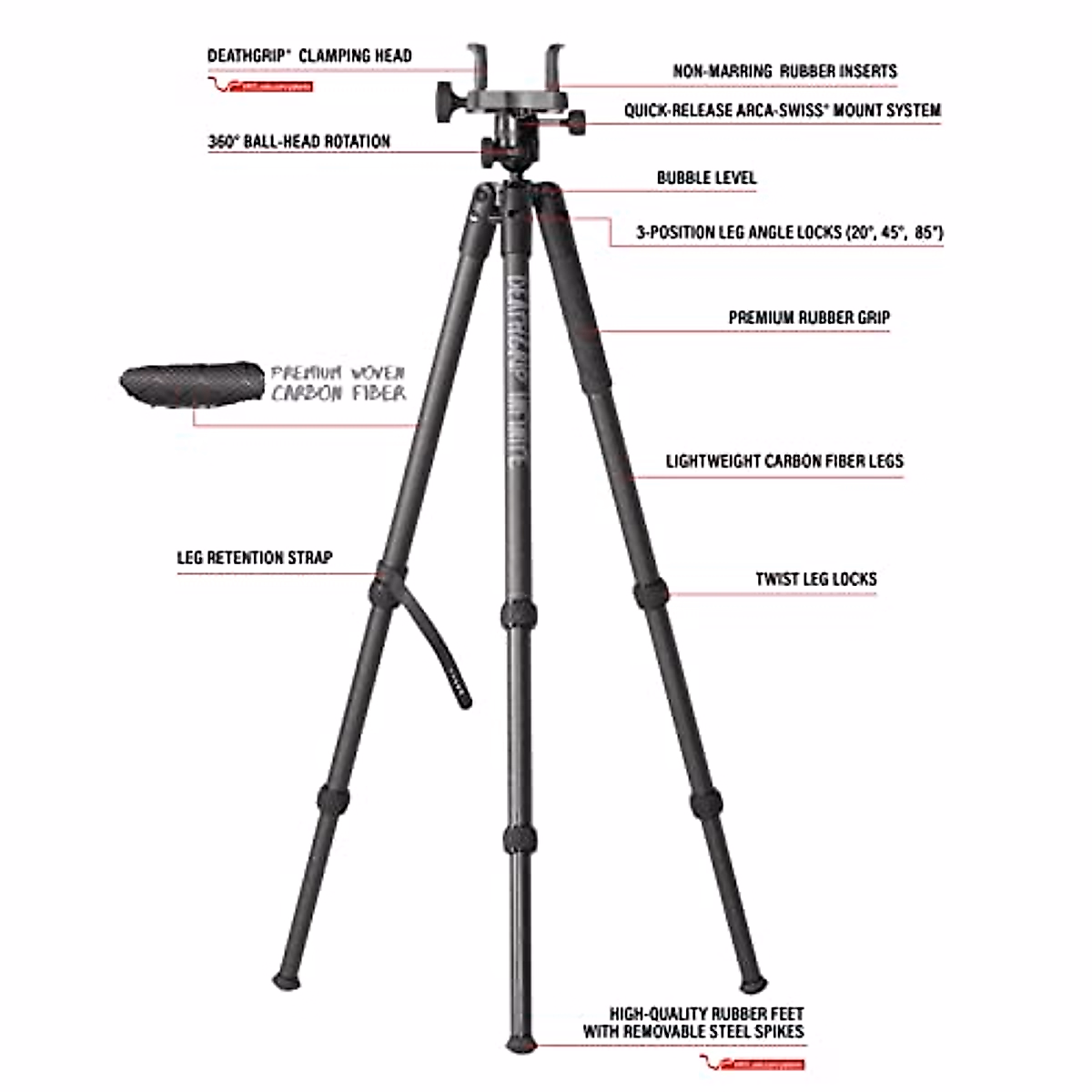 BOG DeathGrip Infinite Carbon Fiber Tripod with Heavy Duty Construction, 360 Degree Ball Head, Quick-Release Arca-Swiss Mount System, and Optics Plate for Hunting, Shooting, Glassing, and Outdoors