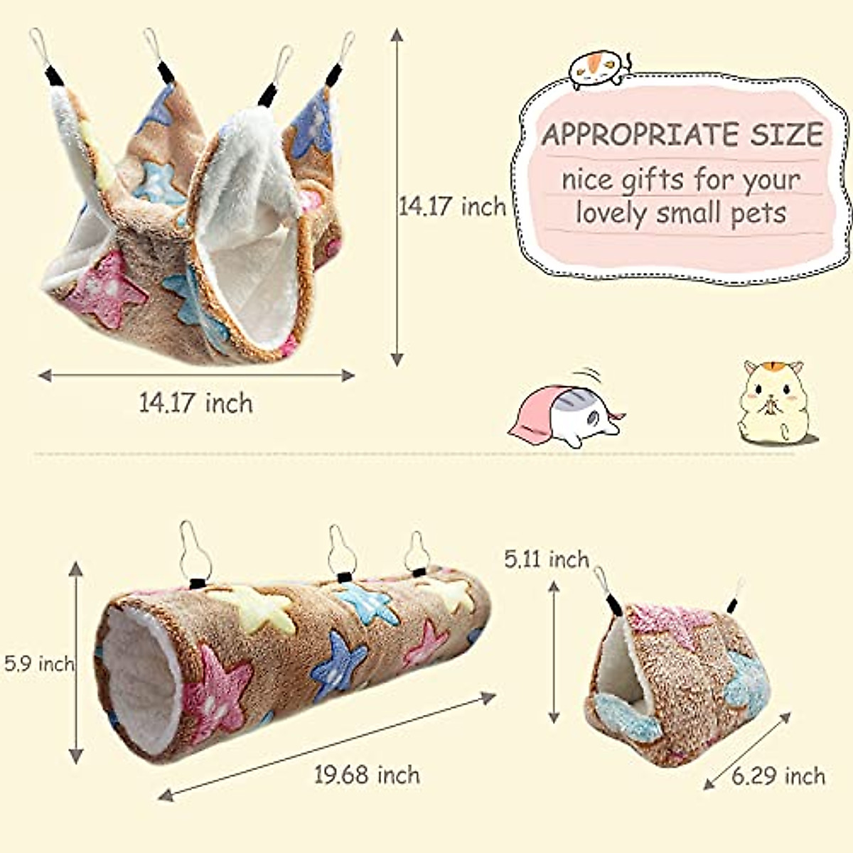 BISOZER 3 Pieces Small Pet Cage Hammock Set, Small Animals Cage Hammock Hanging Tunnel Rat House Sugar Glider Cage Accessories Set for Ferret Hamster Rat Toys Playing Sleeping (g)