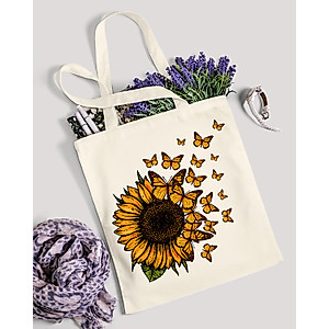 AUSVKAI Canvas Tote Bag Aesthetic for Women, Cute Trendy Sunflower Butterflies Reusable Cloth Cotton Bags with Handle for Grocery School Shopping Beach