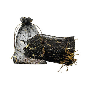 Jexila 100PCS Black Organza Bags 4X6 with Drawstring Jewelry Bags Small Moon Star Mesh Bags for Wedding Party Favor Candy Bags