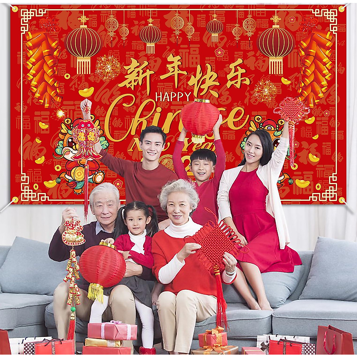 JKQ Red Chinese New Year Backdrop Banner 73 x 43 Inch Large Size Chinese 2023 New Year Background Banner Year of The Rabbit Party Decorations Spring Festival Holiday Indoor Outdoor Photo Booth Props