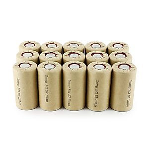 Tenergy NiCd SubC 2200mAh Paper Wrapped Rechargeable Battery Flat Top - 15 Pack