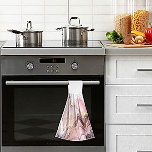 Oyihfvs Rose Gold Pink Marble Texture Ink Abstract Art 2 Pcs Hanging Kitchen Hand Towels, Hanging Tie Towels with Hook & Loop Dishcloths Sets, Decorative Absorbent Tea Bar Bath Hand Towel