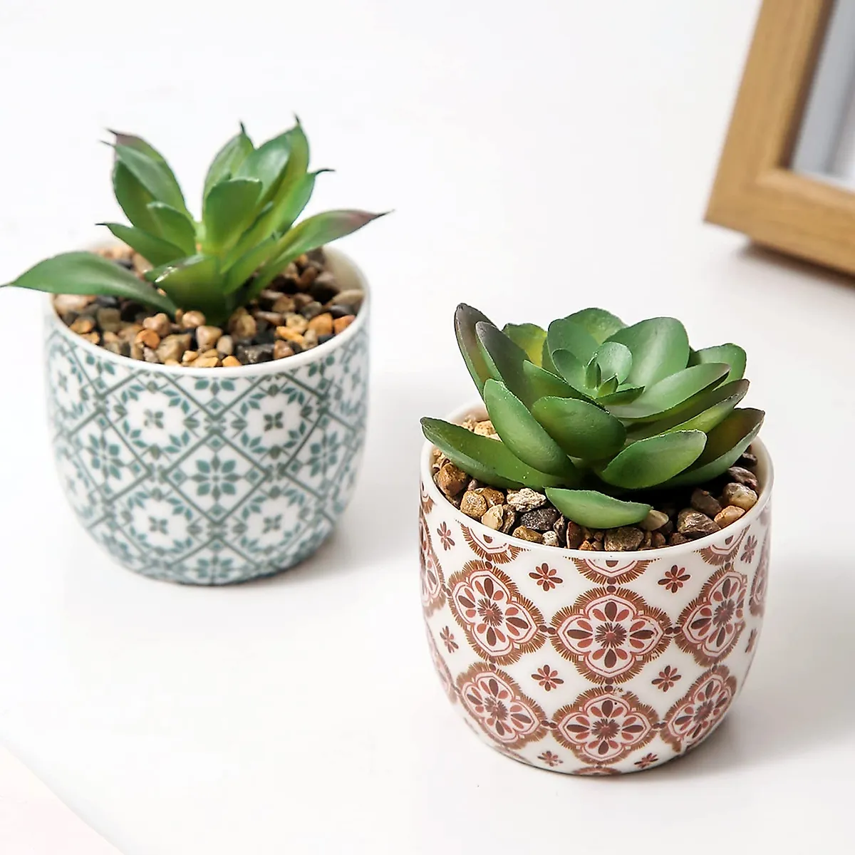 Karlliu Artificial Plants Succulent Flowers in Ceramic Planter 2 Pack Small Fake Plants Potted for Home Office Desk Decor Farmhouse Living Room Bedroom Shelves Decoration
