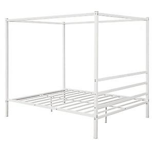 Metal Framed Canopy Platform Bed with Built-in Headboard,No Box Spring Needed, Classic Design, Queen,White