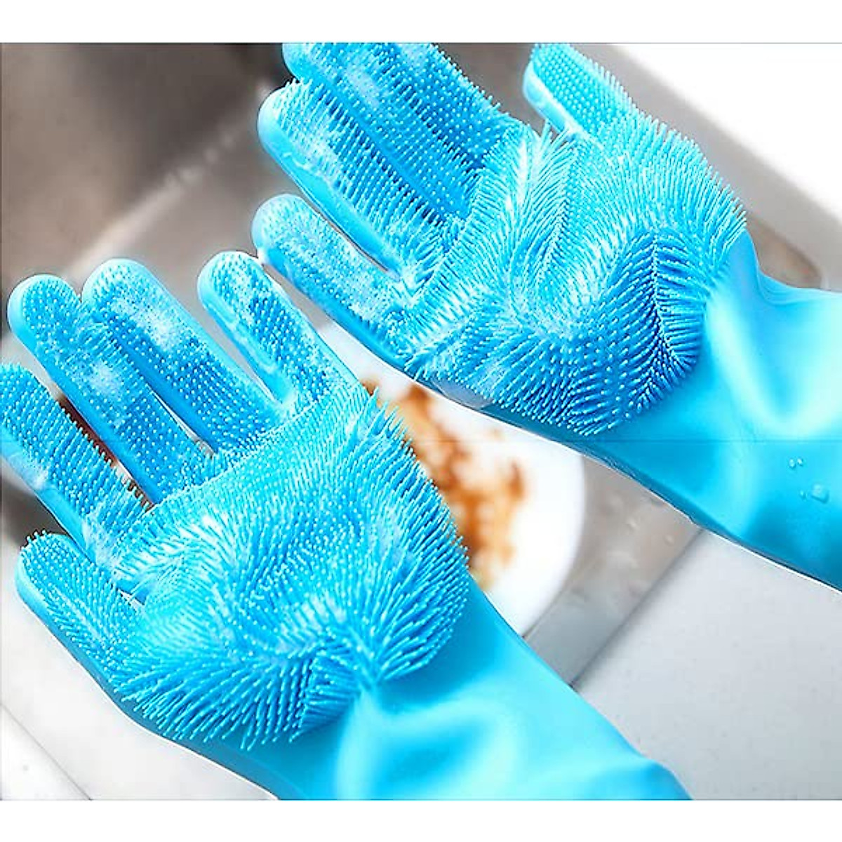 Silicone Dishwashing Gloves, Reusable Rubber Scrubbing Gloves for Dishes,Sponge Wash Cleaning Gloves with Scrubbers for Housework, Bathroom, Kitchen, Car, Pets. 1Pair (13.6" Large) (green)