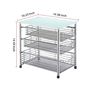 Flagship 3 Tier Sliding Backet Organizer Drawer with Crystal Tempered Glass Mesh Shelves for Spice Rack Countertop Kitchen Under Sink Drawer Bathroom Office (Silver)