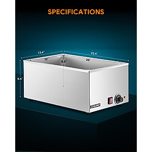 WILPREP Commercial Food Warmer, 12 x 20 Full Size Electric Countertop Food Warmer with 1200W Power, Stainless Steel Bain Marie Buffer Server for Parties Buffets Restaurants
