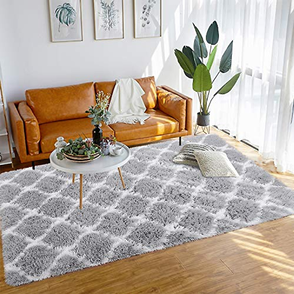 Merelax Fluffy Rug Modern Indoor Plush Bedroom Rug, Luxury Fuzzy Living Room Area Rug, Soft Geometric Moroccan Carpets for Boys Girls Kids Nursery Room 5x8, Grey