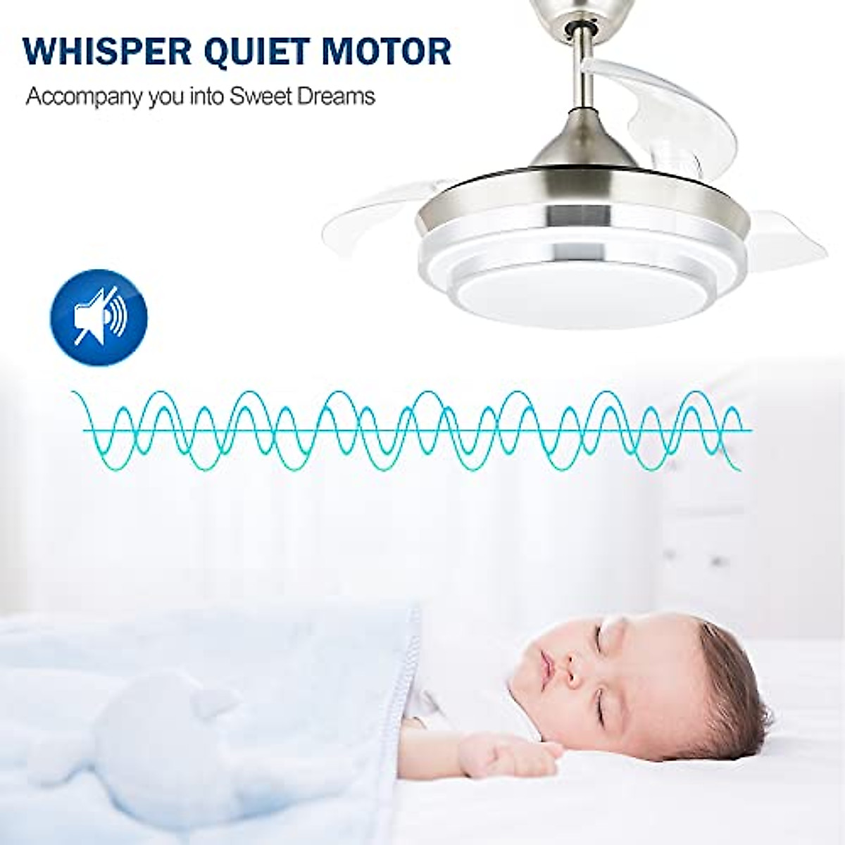 FebFurniture 36" Retractable Ceiling Fan with Lights, Modern Ceiling Fan with Retractable Blades, Silent Motor, 3 Light Color Change, Brushed Nickel