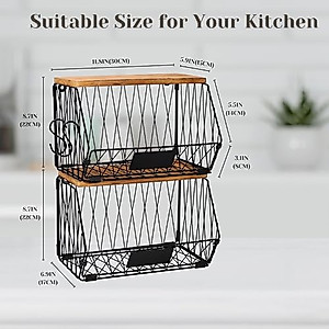 PERFNIQUE Fruit Basket, Wall Mounted Kitchen Baskets for Storage, 2PCS Stackable Fruit Holder with Wooden Lid, Vegetable Baskets for Kitchen, Hanging Metal Wire Baskets (Black, M & M)