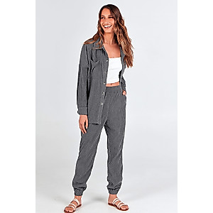 PRETTYGARDEN Women's 2 Piece Outfits Casual Corduroy Long Sleeve Button Down Jacket and Pants Tracksuit with Pockets (Grey,Large)