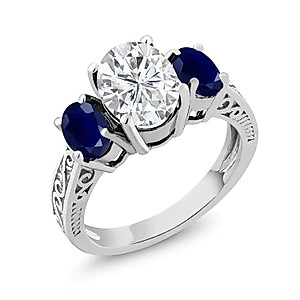 Gem Stone King 925 Sterling Silver White Moissanite and Blue Sapphire 3-Stone Ring For Women (3.21 Cttw, Available in size 5, 6, 7, 8, 9)
