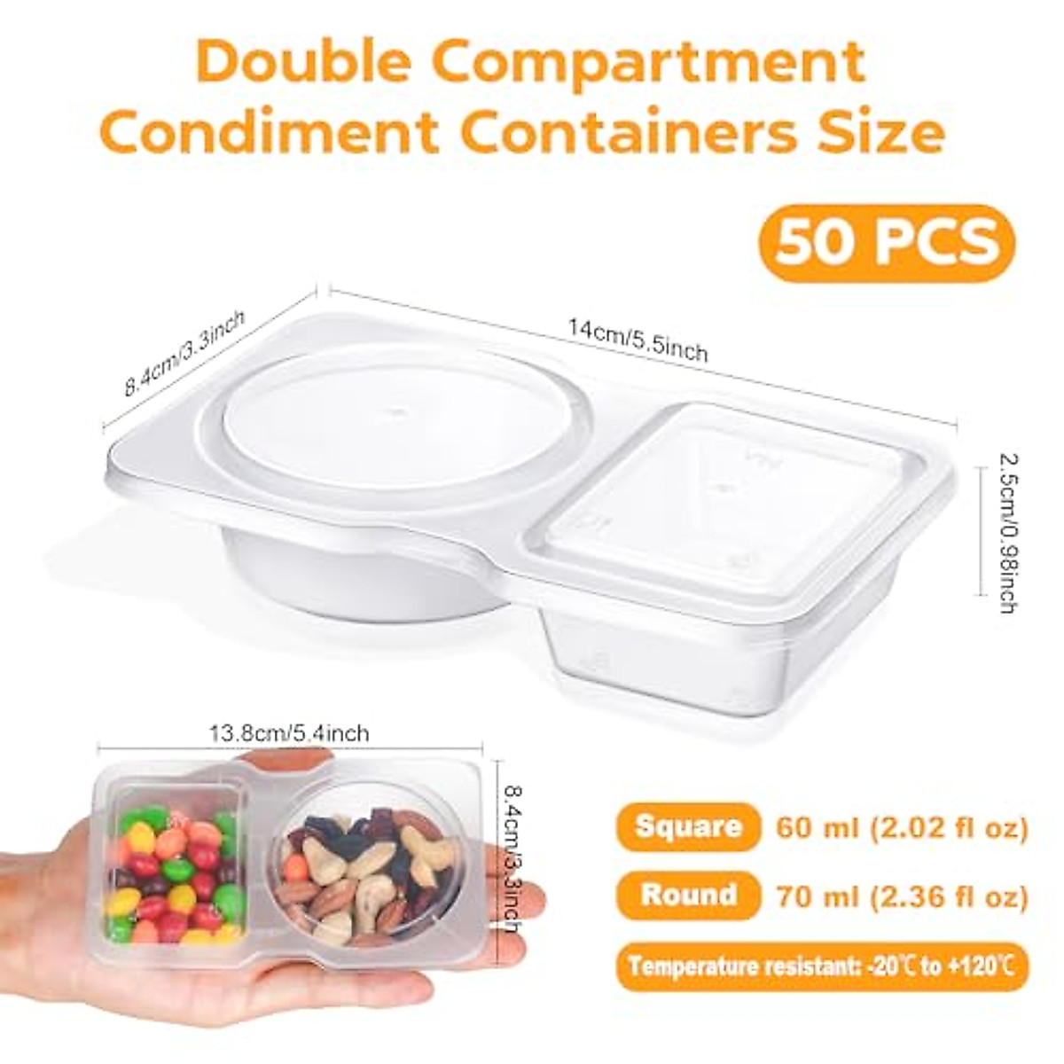 50 Pack Double Compartment Condiment Containers with Lids, Disposable 2 Compartment Snack Containers, Small Plastic to go Cups for Sauce Dressing Dip, Reusable Mini Snack Pack Container, 60+70ml