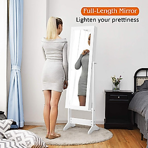 Giantex Jewelry Cabinet with Full-Length Mirror, Standing Jewelry Armoire Organizer with 64 Earring Slots, 72 Ring Slots, 20 Necklace Hooks, 4 Storage Shelves, 3 Angle Adjustable (White)