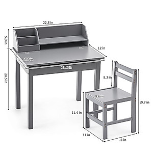 UNICOO Bamboo Toddler Desk and Chair Set, Lift-Top Desk & Chair Set for 3-8 Years Old Toddlers, Children Writing Desk with Storage and Hutch for Home School Use (C007 - Grey)