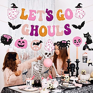 Let’s Go Ghouls Banner Hippie Halloween Party Decorations Retro Groovy Halloween Garland Ghost Bats Pumpkin Skull Cats Spider Witches Theme Halloween Bachelorette Party Supplies
