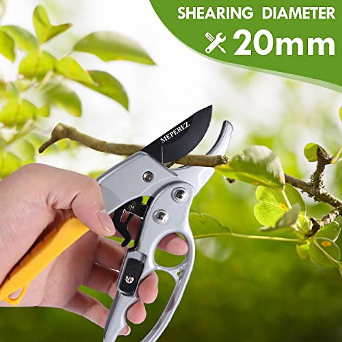 MEPEREZ Garden clippers, Ratchet pruning shears for gardening, Work 3 times easier, Hand pruners, Cutting rose, floral, tree, live plants, Sharp, Durable trimming scissors, Arthritis weak hand snips