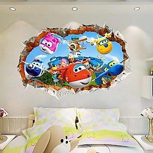 Peel and Stick Vinyl Stickers,3D Super Wings Airplane Wall Art Sticker Decal Decoration Vinyl Poster Mural Removable Custom DIY Children Gift-50CMx70CM