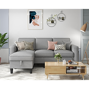 Woyomeub Sectional Couches for Living Room: L Shaped Couch with Storage Ottoman - Gray Sofa 3 Seater Furniture Set Modern Linen Fabric Futon Sleeper Sofas for Apartment Studio Small Space