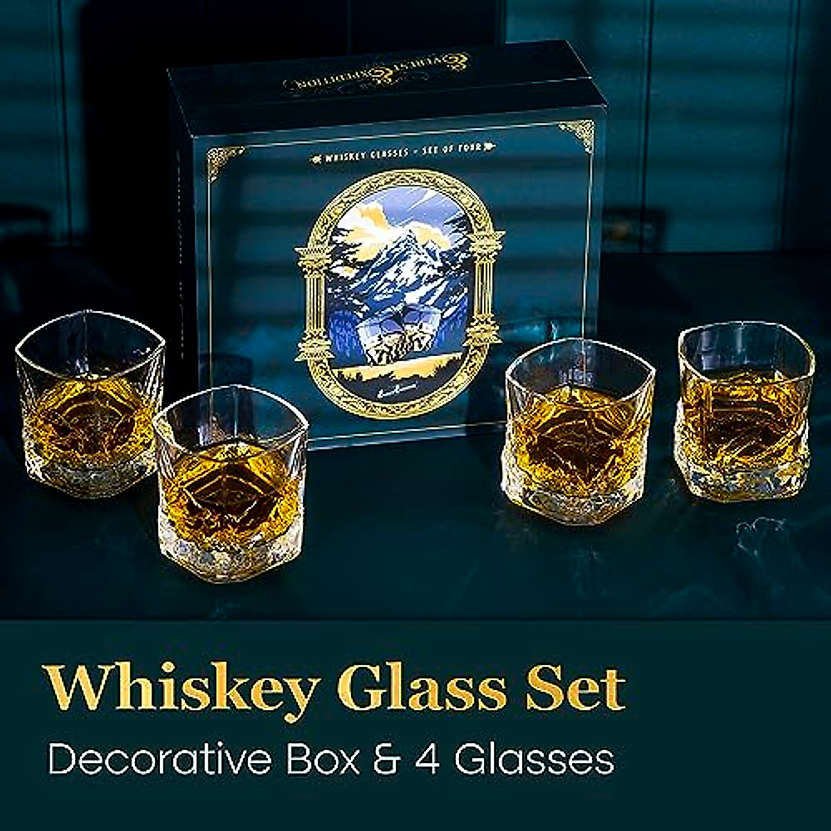 EdelweissPeak Bourbon Glasses Set of 4 in a Gift-Ready Box - Heavy Whiskey Glasses set of 4 with Mountains on Sides - Scotch Glasses Set 4 - mt Everest Expedition Whiskey Gifts for Men Series