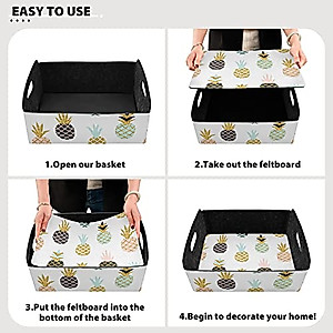 Fabric Storage Cube (Geometric Gold Pineapple) 13.7 × 10.2 × 5.1 inch, Large Capacity Decorative Foldable Storage Basket Organizer with Handles Rectangle Thick for Multi Use