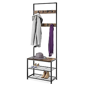 Whitmor Modern Industrial Entryway Coat Rack Hall Tree w/Shoe Storage, Rustic Brown