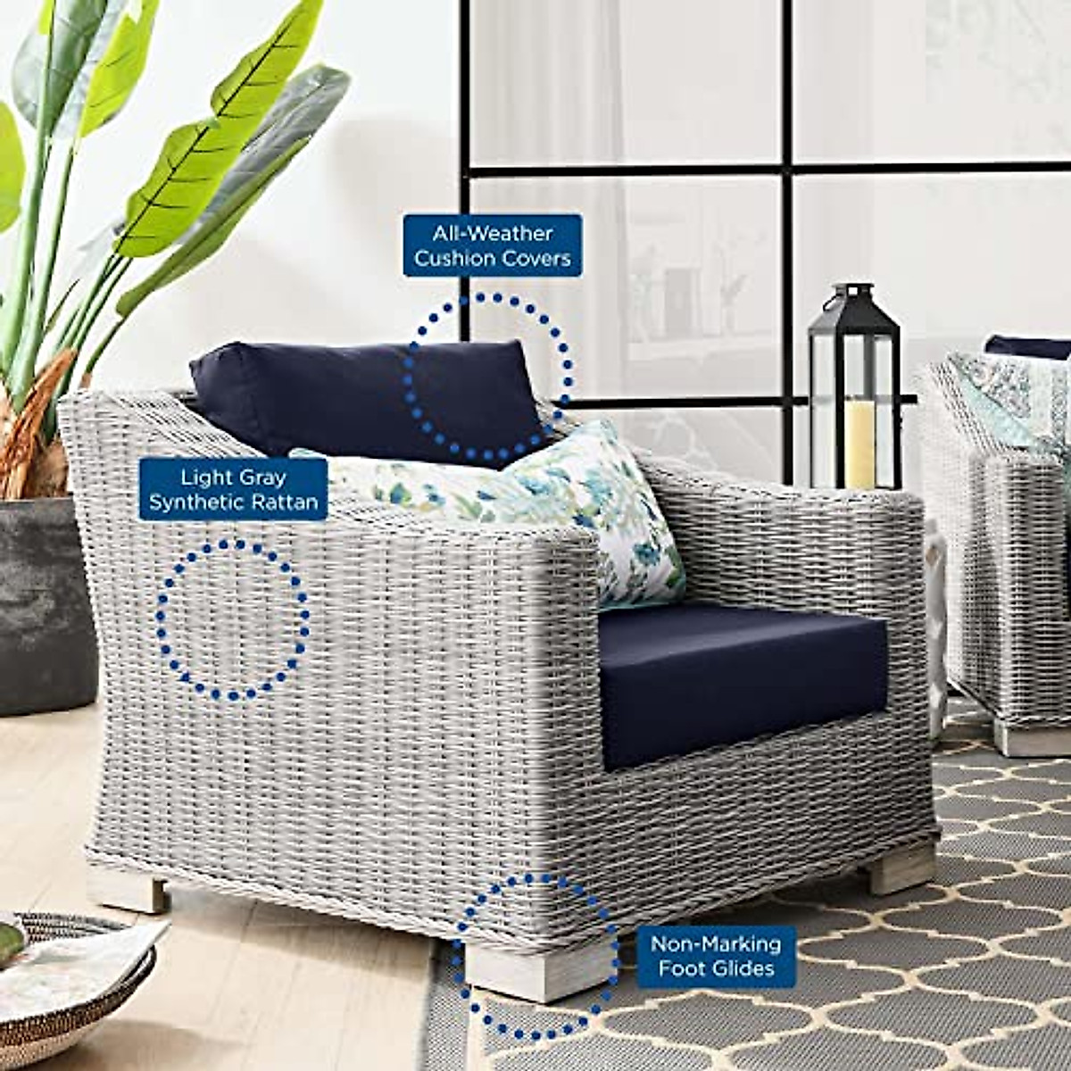 Conway Outdoor Patio Wicker Rattan Armchair in Light Gray Navy