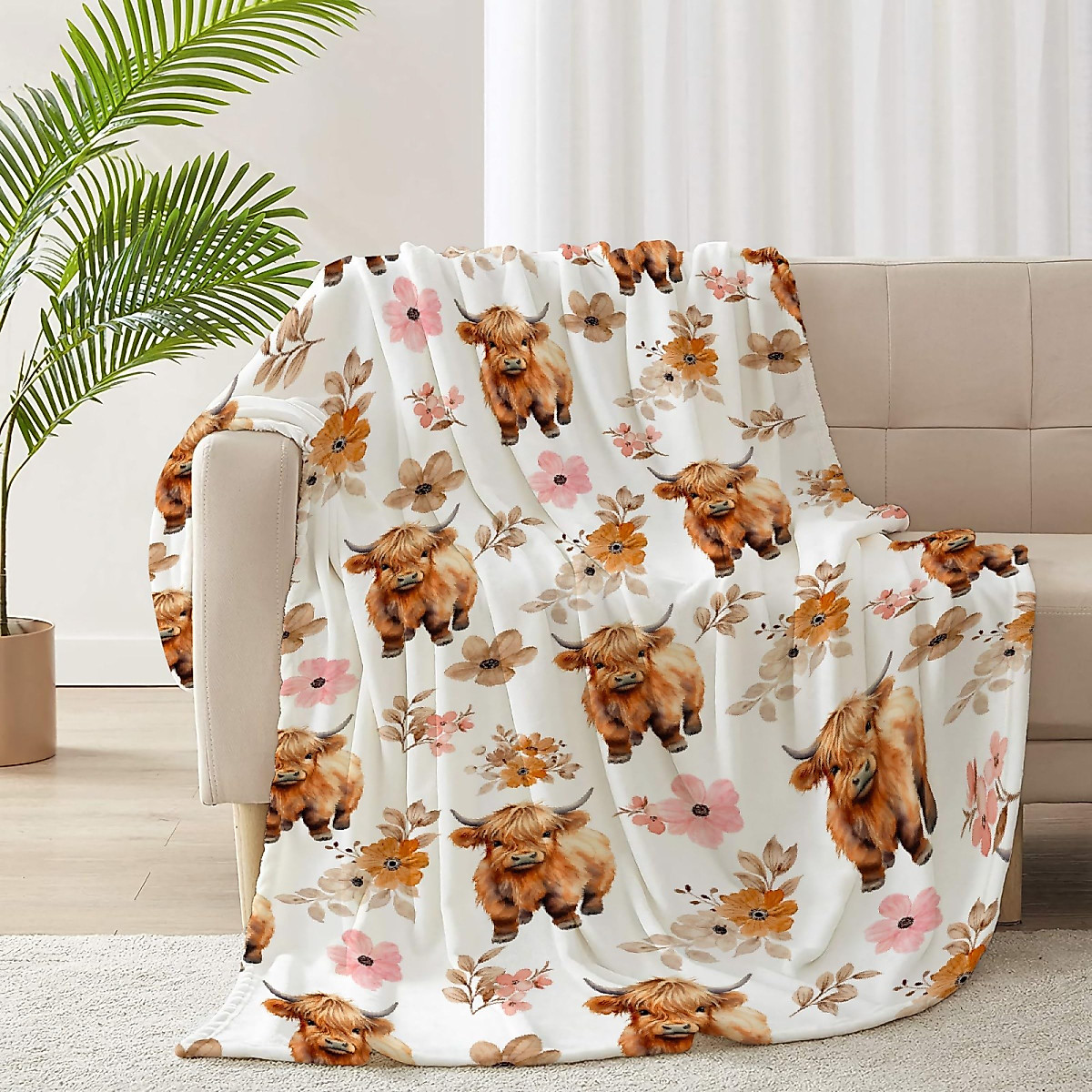 Highland Cow Flowers Blanket for Boys Girls, Cute Highland Cow Kids Throw Blanket Gift for Child, Fluffy Cozy Soft Lightweight Blankets for Bed Office, 40x50 Inches