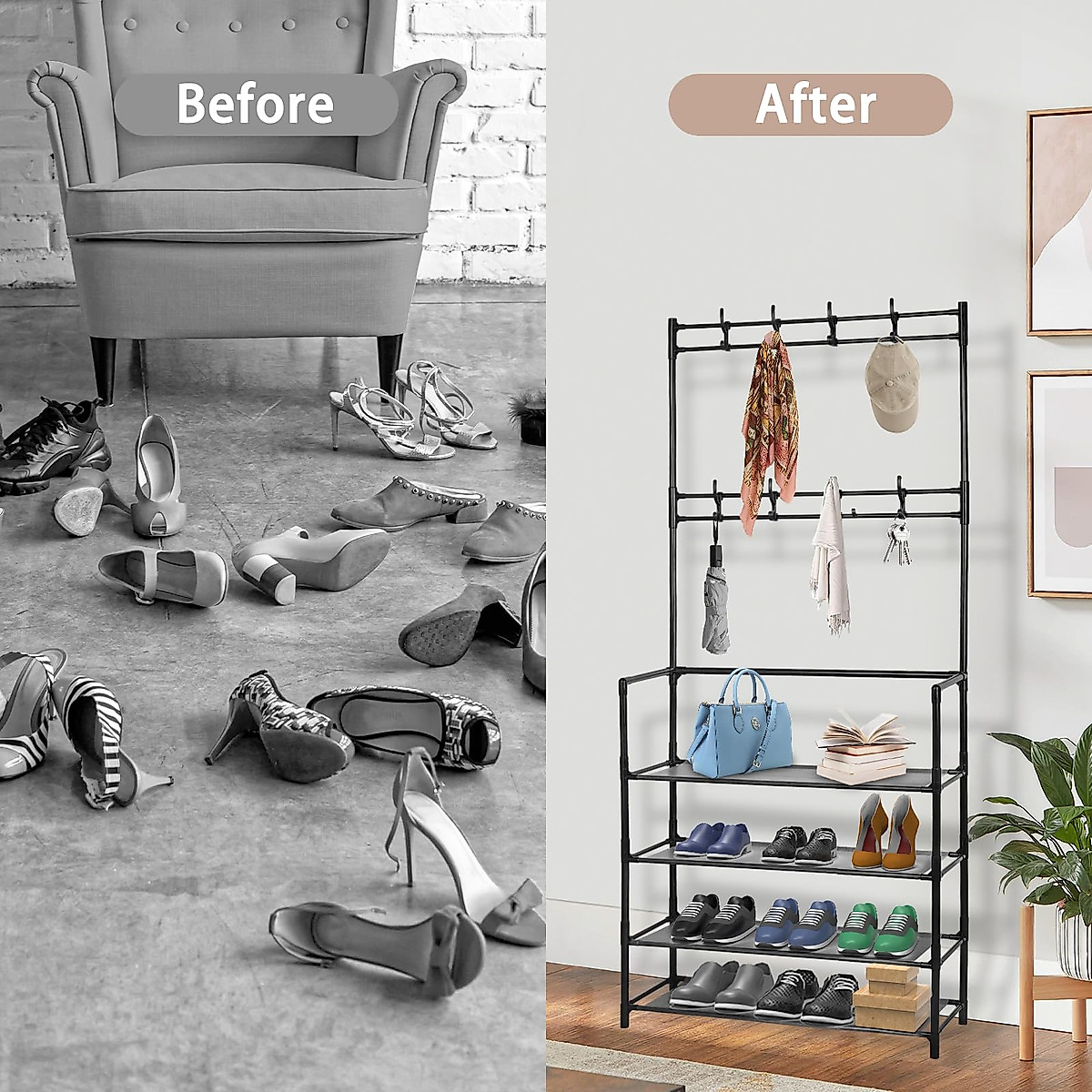 Simland Entryway Bench Coat Rack with Shoe Storage, Hall Tree with 4 Tier Shoes Shelf Storage Organizer, 23.6 inch