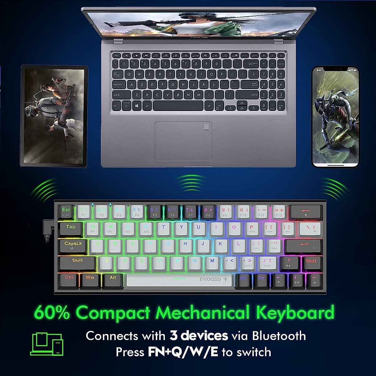 E-YOOSO Wireless Mechanical Keyboard, Bluetooth/2.4G/USB-C 60% Portable Rechargeable 63 Keys Gaming Keyboard, Compact RGB Hot Swappable Mechanical Keyboard with Linear Red Switches for Windows/Mac