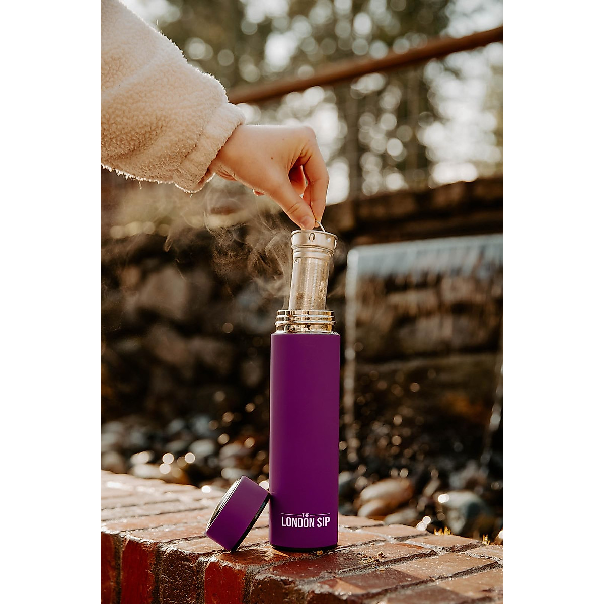 London Sip Multi-Purpose Travel Mug and Tumbler Fruit Infused Flask Hot and Cold Double Wall Stainless Steel Thermos with Extra-Long Infuser, Purple