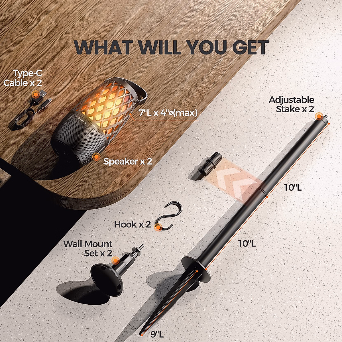 Outdoor Speakers Waterprrof, Birthday Gift Ideas for Him Her, Portable Bluetooth Speaker with Lights, Multi-Sync Wireless Speaker for Patio/Yard/Pool/Porch, Wall Mount&Stake&Hook Inc. (Black)