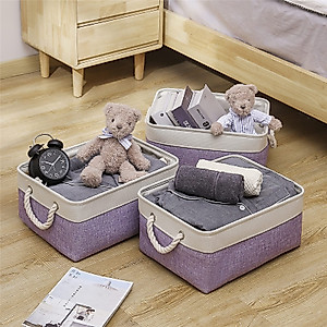 Vinssin Large Storage Basket ,Foldable Purple Basket with Handles, Gift Basket Empty,Canvas Fabric Storage Bin for Organizing,Cupboards, Shelves, Clothes, Toys, Towel, (Purple+White,1 Pack)