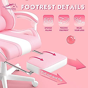 Ferghana Pink Ergonomic Gaming Desk Chairs For Office Adults & Teens, Cute Racing PC Gamer Chair With Footrest, Massage, For Girls, Recliner Silla Gamer Rosa