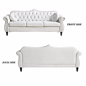 3 Seater Chesterfield Sofa Velvet for Living Room, Modern Tufted Velvet Couch 3 Seater with Scroll Arms and Nailhead, Chesterfield Velvet Sofa, Roll Arm Classic Chesterfield Settee Couches (White)