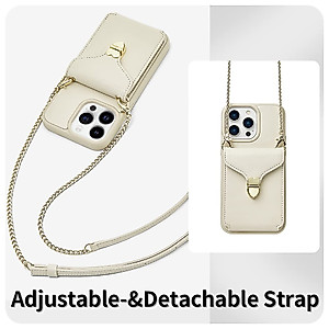 JLFCH ROMIELA for iPhone 14 Pro Max with Crossbody Chain Wrist Strap Card Holder 6.7 inch - Beige