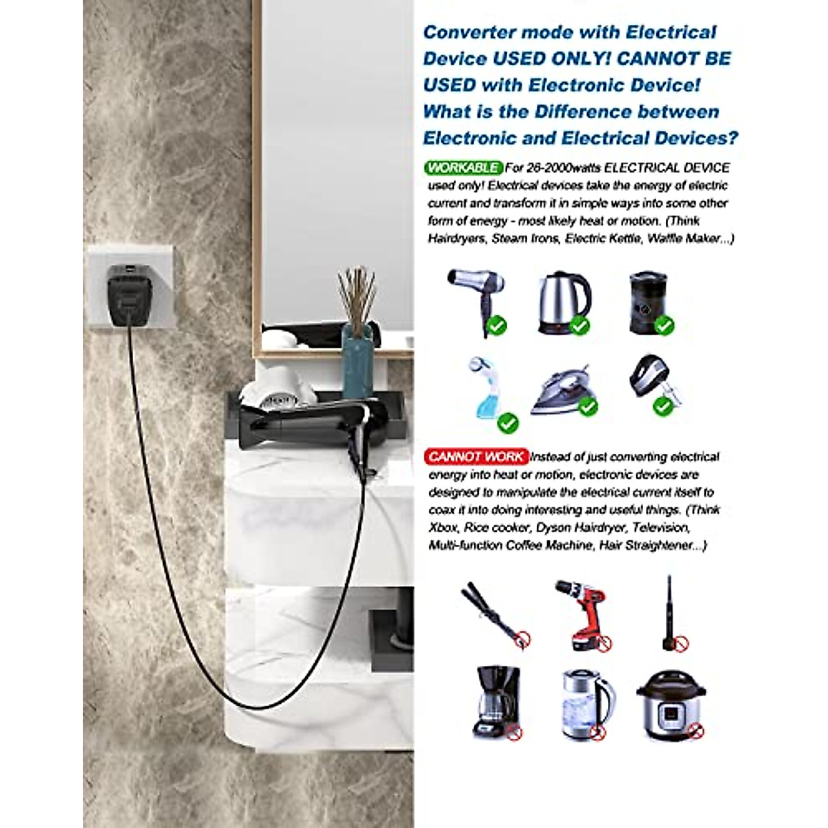 2000Watts Voltage Converter, 220V to 110V Converter, International Plug Adapter, Power Converter Adapter Combo, US to Europe, UK, Israel, Africa Over 150 Countries (DeepBlack)