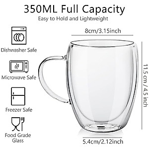 Top-spring Double Wall Glass Coffee Mugs, Clear Glass Coffee Cups with Handles - Set of 4 Double Wall Insulated Coffee Mug Tea Latte Espresso Cups (12oz, Clear)