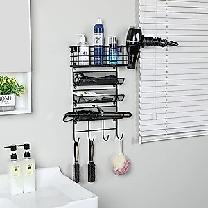 Wall-Mounted Hair Dryer Holder Styling Tool Organizer 4-Shelf Storage Wire Basket with Hook Heat Safe Rack for Hair Straighteners,Curling Wands,Flat Iron,Perfume,Cabinet Door Bathroom Kitchen