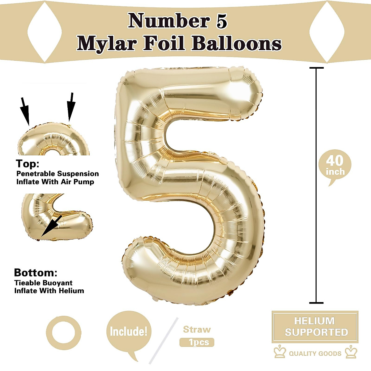 40 inch Huge white gold Number 5 Alphabet Number Balloon Foil Mylar Party Wedding Bachelorette 5th Birthday Bridal Shower Graduation Anniversary 5 Year Old Birthday party for Kids Celebration Decors