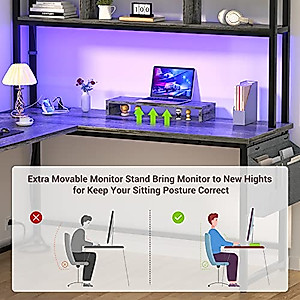 Aheaplus L Shaped Desk with Power Outlet & LED Strip, Reversible L-Shaped Corner Computer Desks Gaming Desk with Storage Shelf & Monitor Stand, Modern 2 Person Home Office Desk Writing Desk, Grey Oak