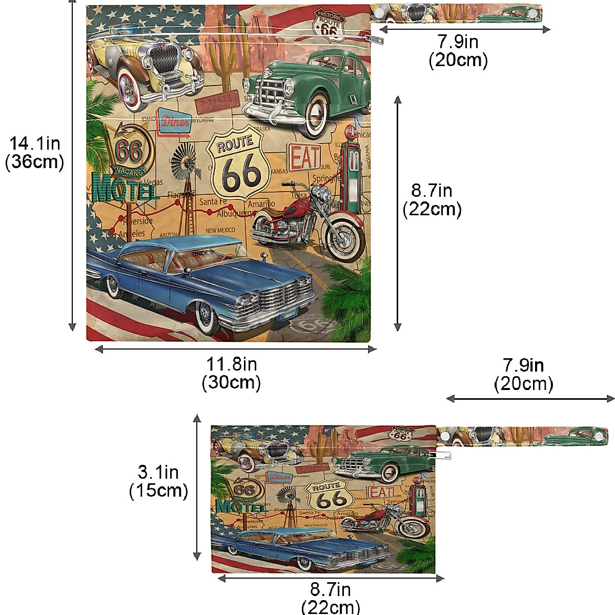 visesunny 2Pcs Wet Bag with Zippered Pockets Vintage Route 66 Pattern Washable Reusable Roomy for Travel,Beach,Pool,Daycare,Stroller,Diapers,Dirty Gym Clothes, Wet Swimsuits, Toiletries