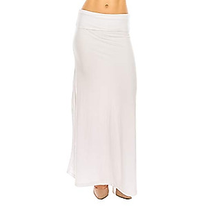 RENESEILLE Women's Long Maxi Skirt – Casual High Waist Fold Over Elastic Waistband Soft Flare Foldable Stretch Lounge Boho SKT810 White OS