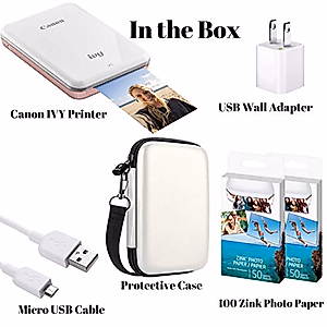 Canon IVY Mobile Instant Mini Photo Pocket Printer through Bluetooth, Portable, Rose Gold, Includes 2x3” Zink Photo Paper Sticker (100 Sheets), Protective case and USB Charging Cable with Wall Adapter